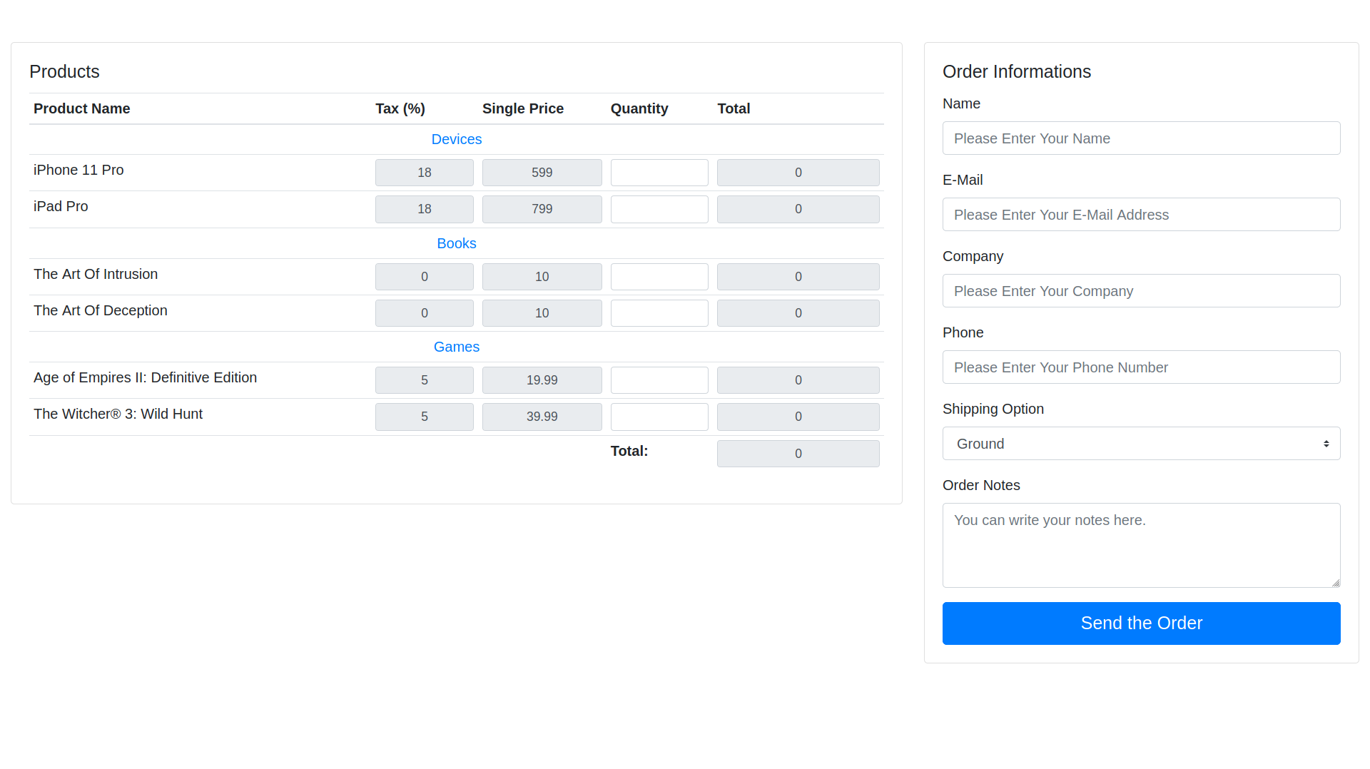 Multi Product Order Form by altayevrim | CodeCanyon